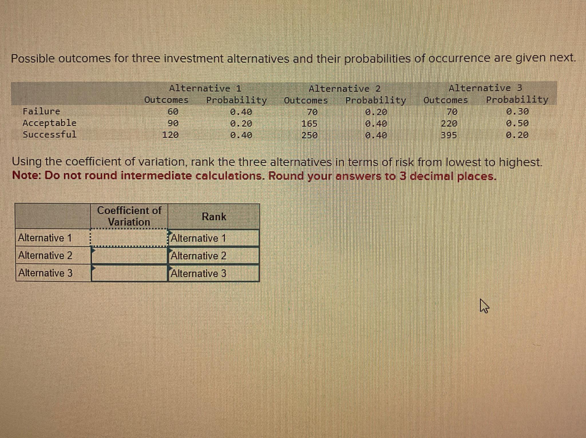Solved Possible outcomes for three investment alternatives | Chegg.com
