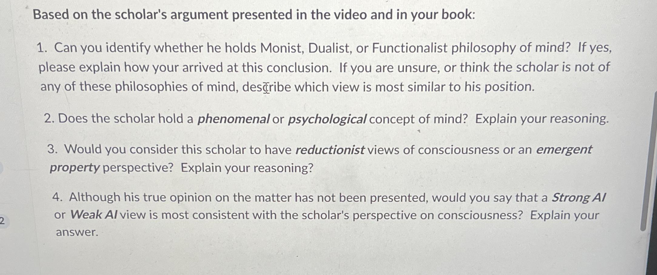 Solved Based on the scholar's argument presented in the | Chegg.com