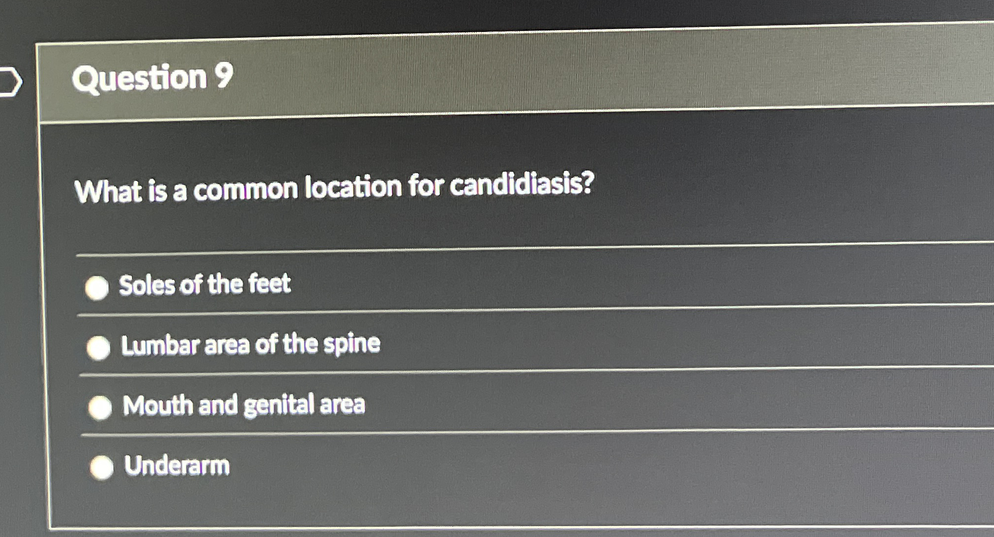 Solved Question 9What is a common location for candidiasis? | Chegg.com Solved Question 9What is a common location for candidiasis? | Chegg.com