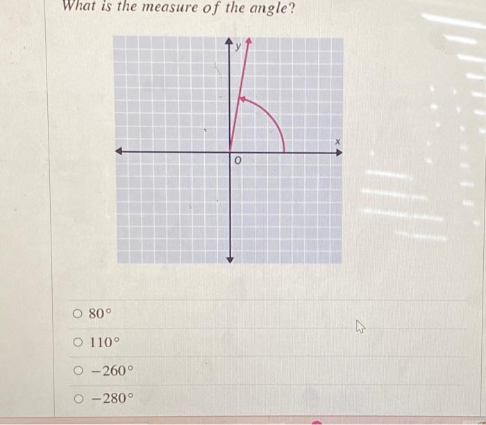 Solved What is the measure of the angle? 80∘ 110∘ −260∘ | Chegg.com