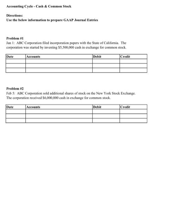 Solved Accounting Cycle - Cash & Common Stock Directions: | Chegg.com