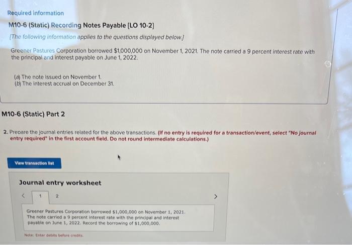 Solved Required information M10-6 (Static) Recording Notes | Chegg.com