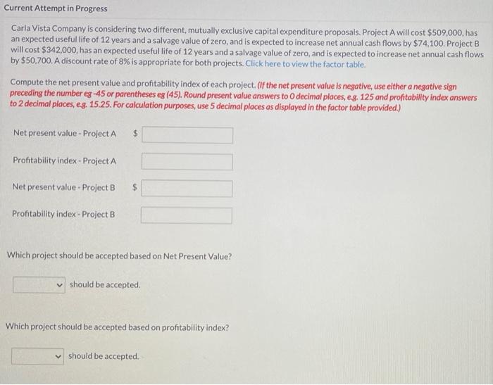 Solved Current Attempt in Progress Carla Vista Company is | Chegg.com