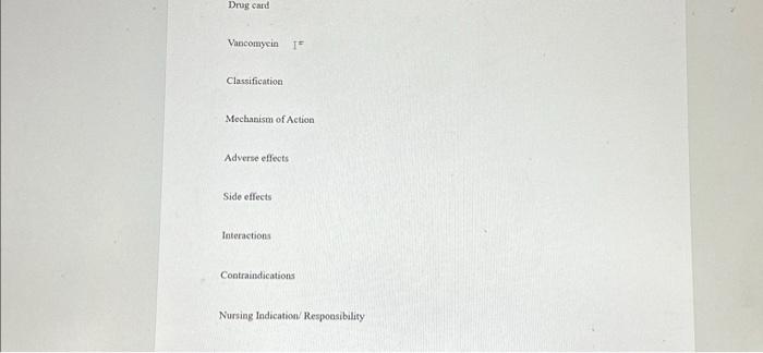 Solved Drug card Vancomycin I= Classification Mechanism of | Chegg.com