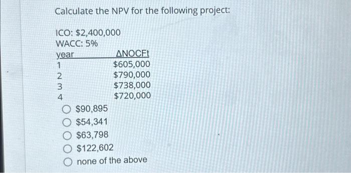 Solved Calculate the NPV for the following project: ICO: | Chegg.com