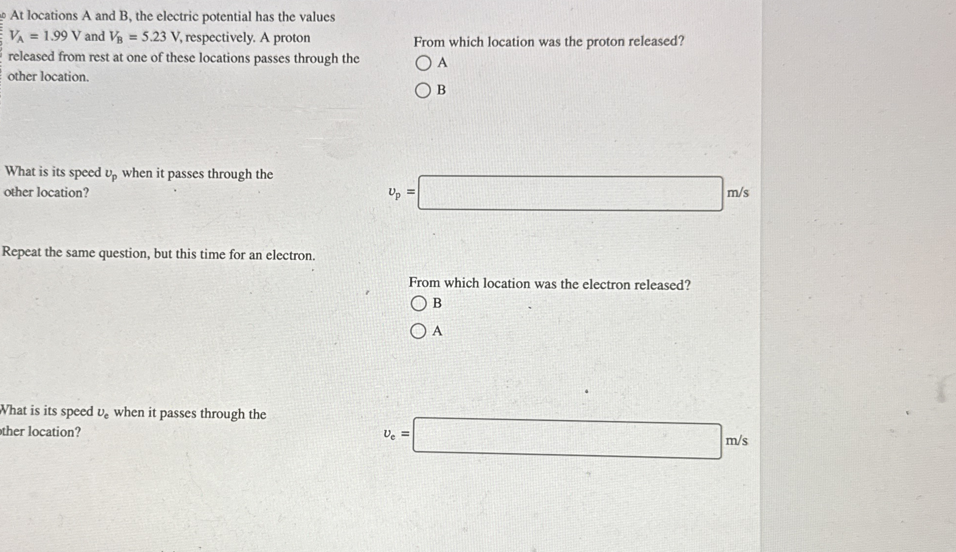 Solved At locations A and B, ﻿the electric potential has the | Chegg.com