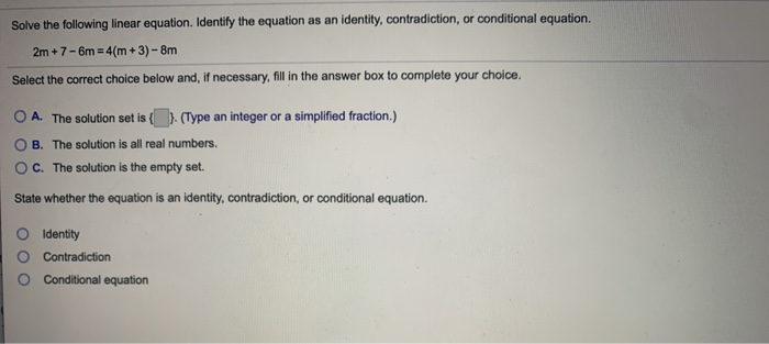 Solved Solve the following linear equation. Identify the | Chegg.com