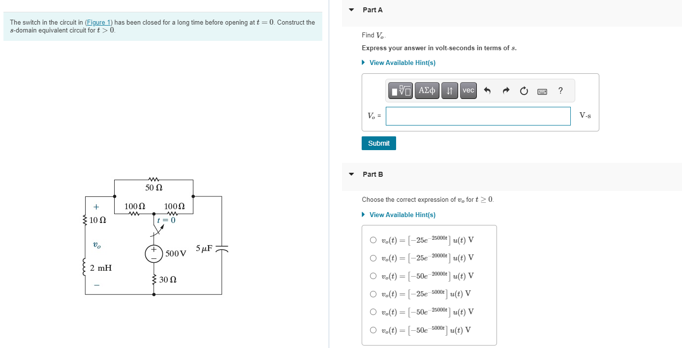 Solved The switch in the circuit in (Figure 1) ﻿has been | Chegg.com