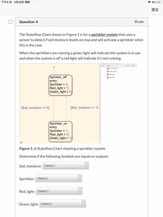 Solved F44:16 528 29 95% Question 4 20 pts The Stateflow | Chegg.com