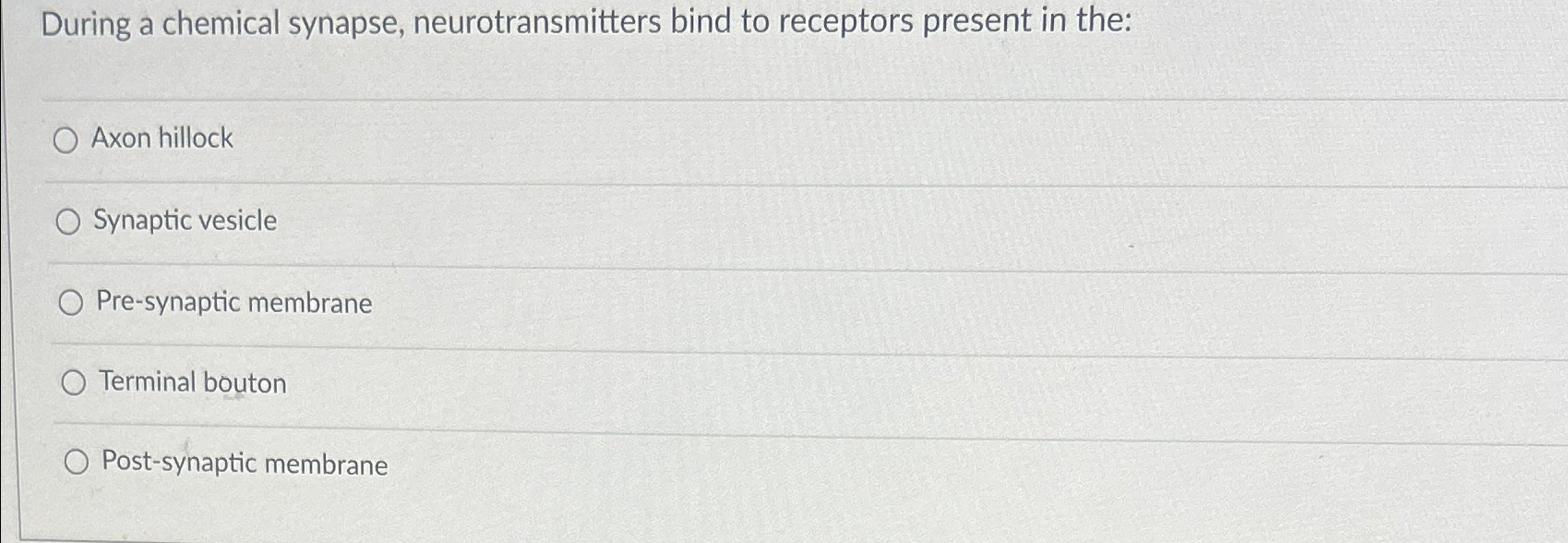 Solved During a chemical synapse, neurotransmitters bind to | Chegg.com