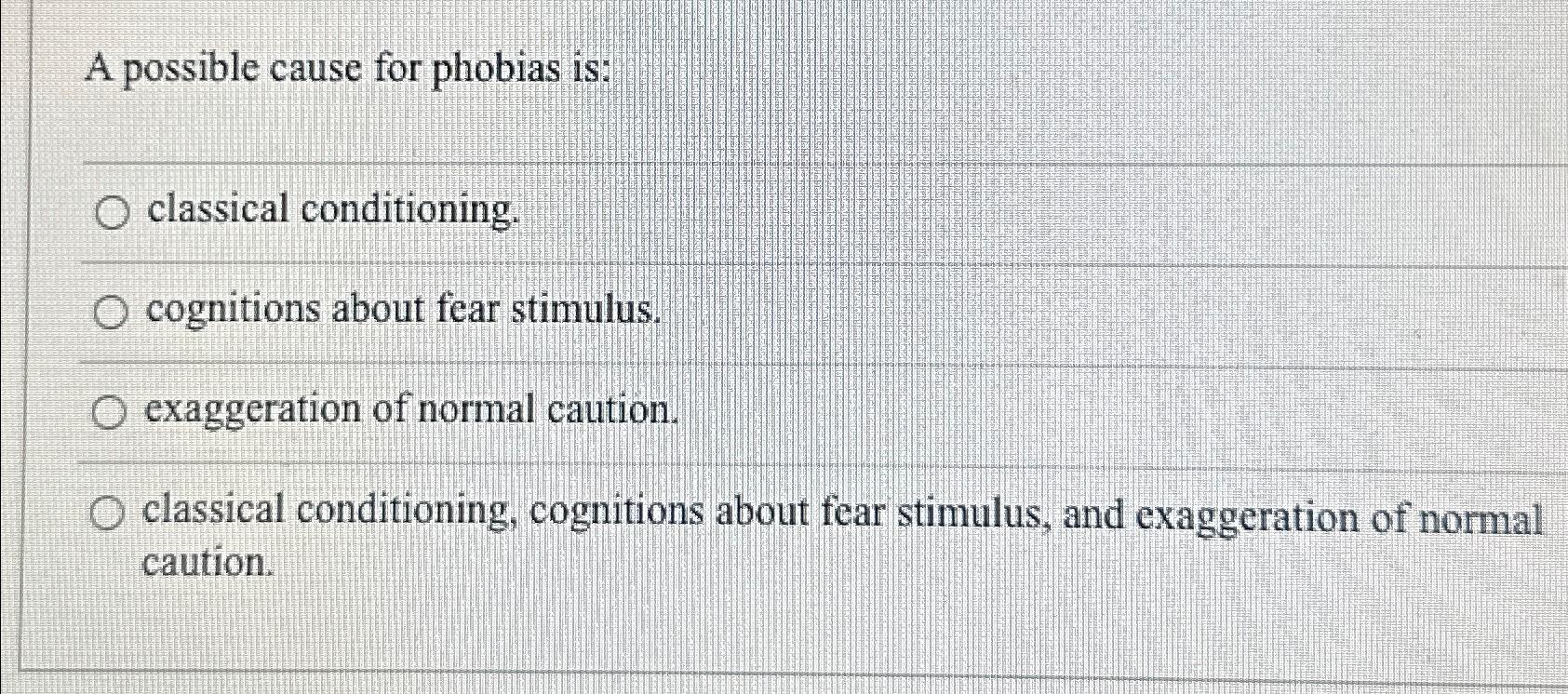 Solved A possible cause for phobias is:classical | Chegg.com