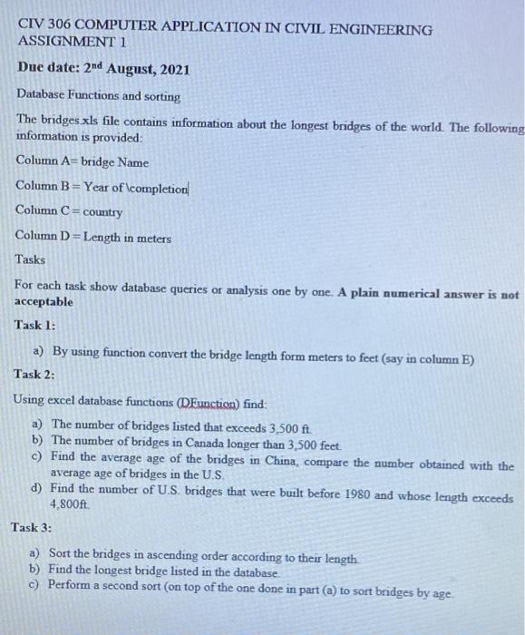 Solved CIV 306 COMPUTER APPLICATION IN CIVIL ENGINEERING | Chegg.com