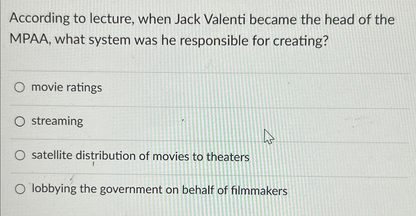 Solved According to lecture, when Jack Valenti became the | Chegg.com
