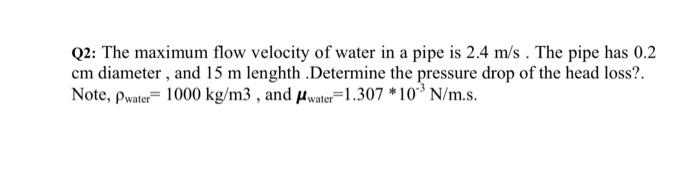 Solved Q2: The maximum flow velocity of water in a pipe is | Chegg.com