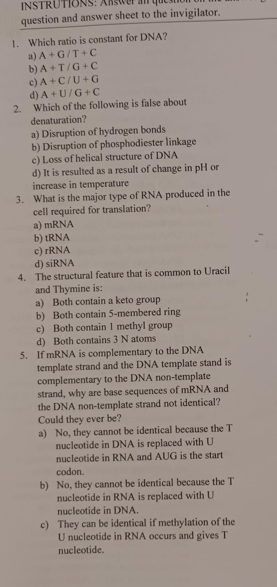 Solved question and answer sheet to the invigilator. 1. | Chegg.com
