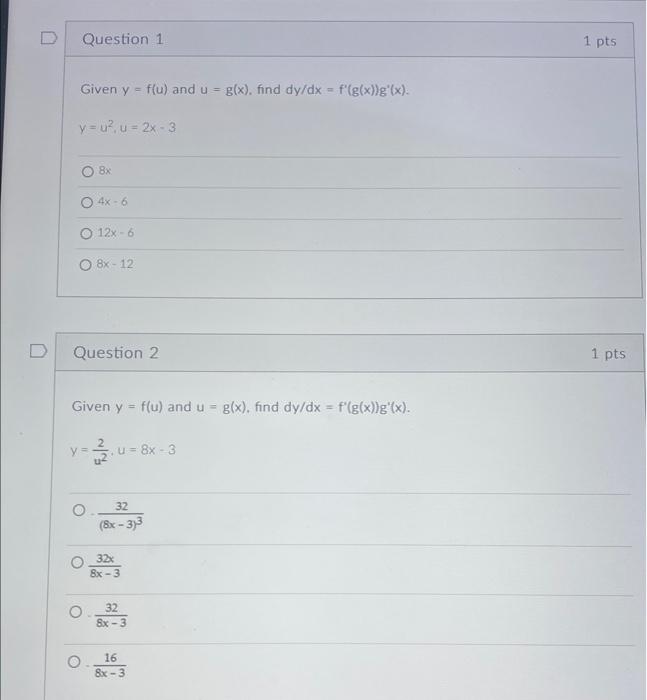 Solved Given y=f(u) and u=g(x), find dy/dx=f′(g(x))g′(x). | Chegg.com