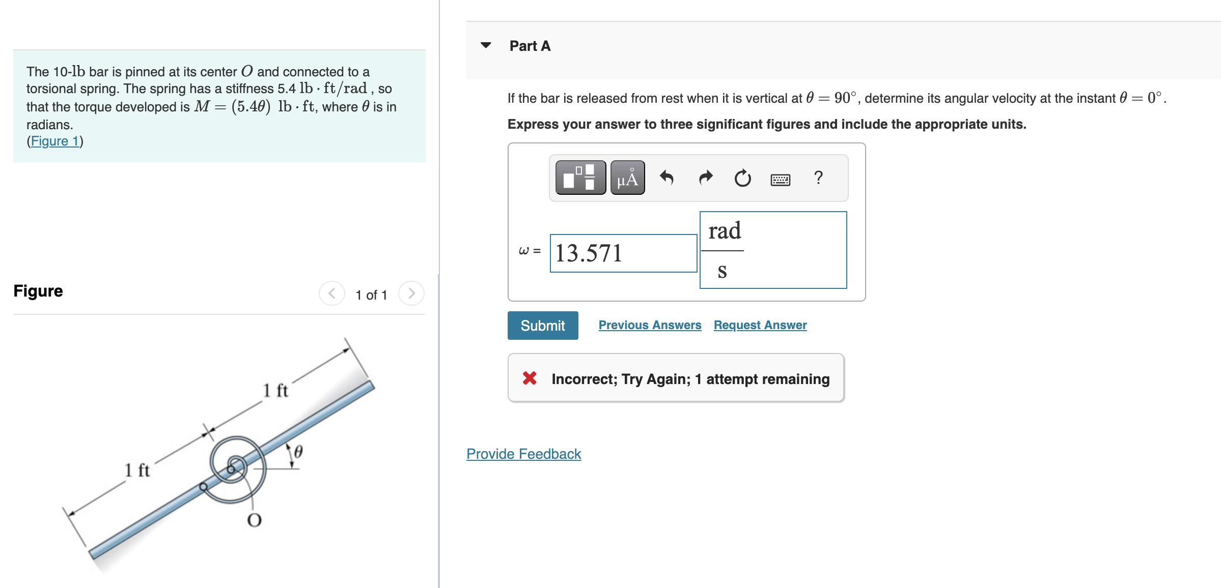 Solved The 10-lb ﻿bar is pinned at its center O ﻿and | Chegg.com