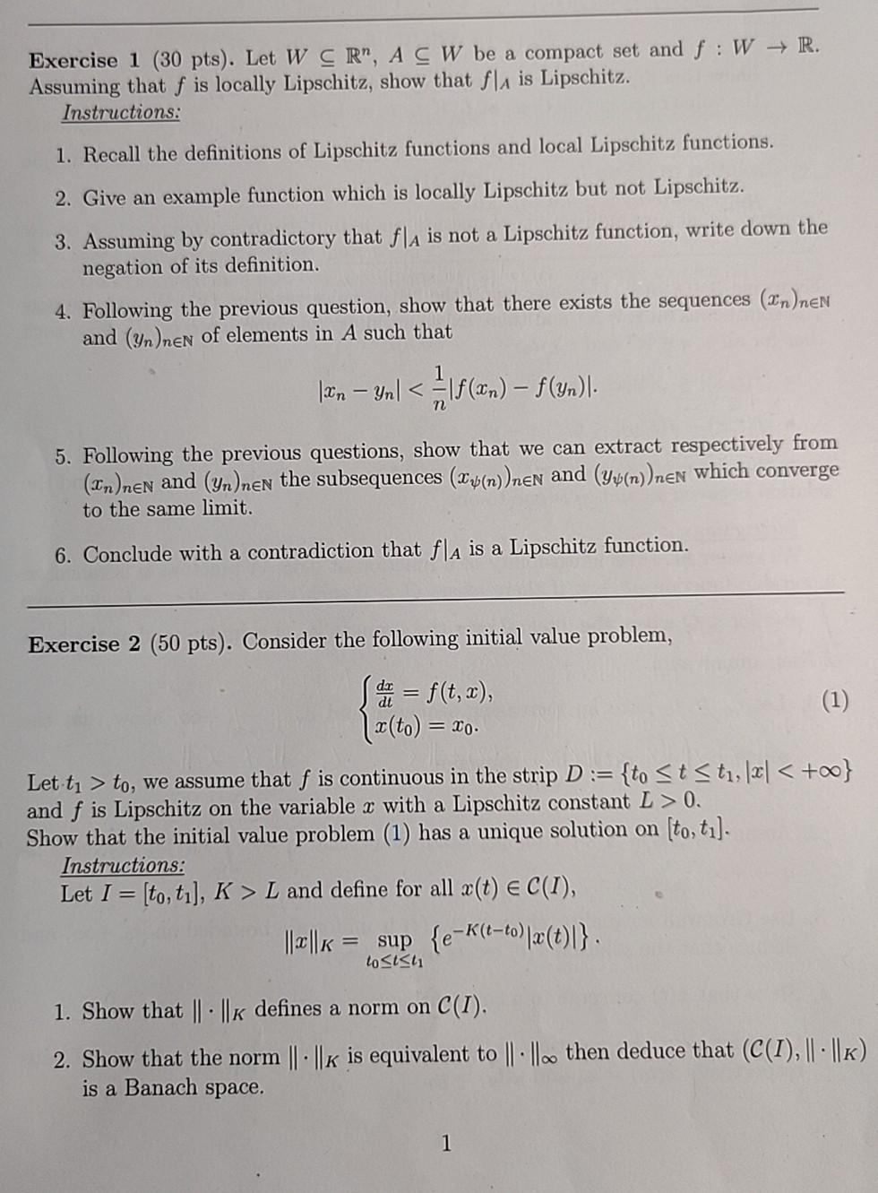 Solved Exercise 1(30pts). Let W⊆Rn,A⊆W be a compact set and | Chegg.com