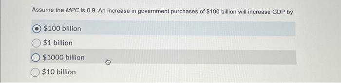 Solved Assume the MPC is 0.9. An increase in government | Chegg.com