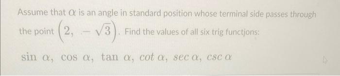 Solved Assume that α is an angle in standard position whose | Chegg.com
