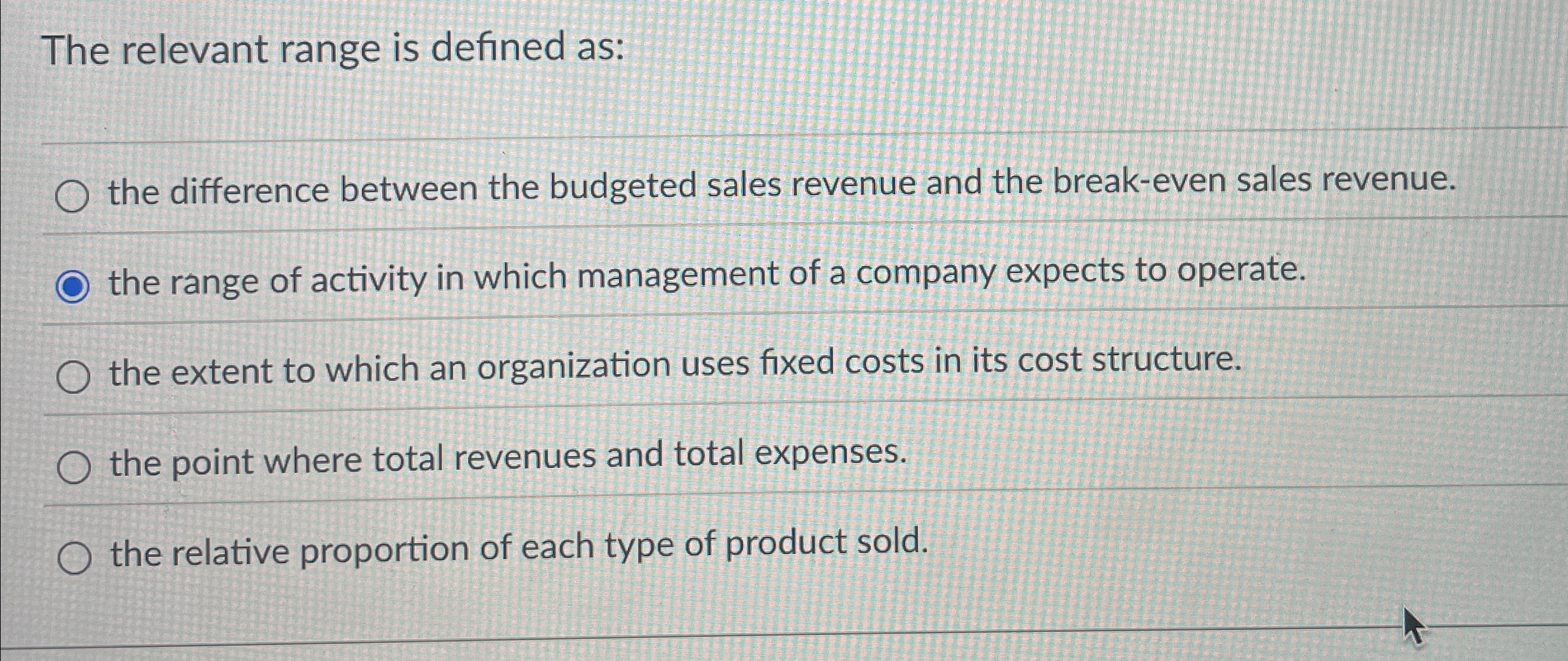 Solved The relevant range is defined as:the difference | Chegg.com