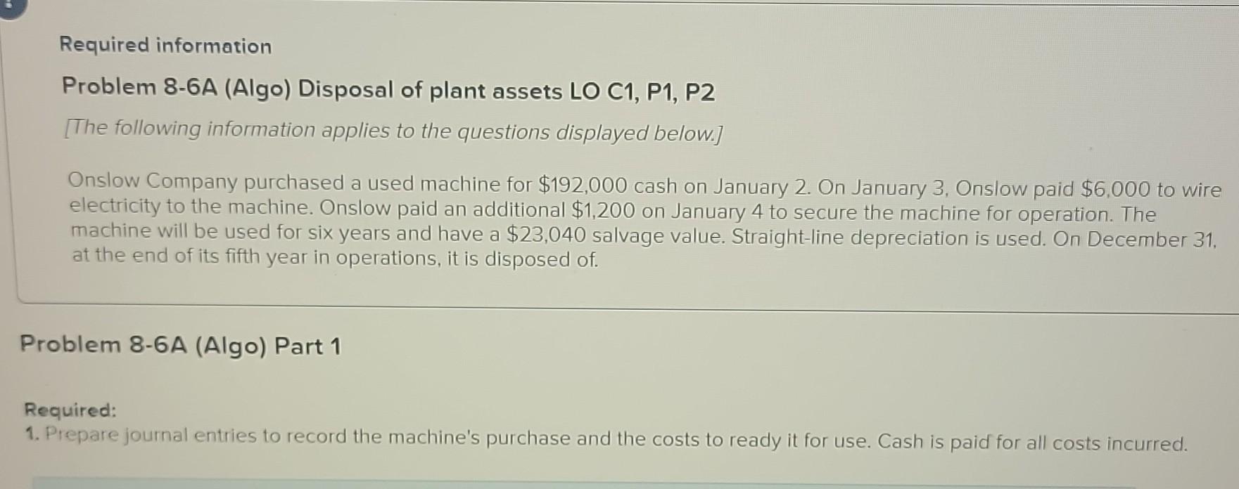 Solved Required information Problem 8-6A (Algo) Disposal of | Chegg.com