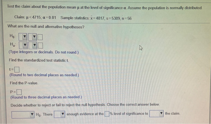 Solved Test the claim about the population mean p at the | Chegg.com