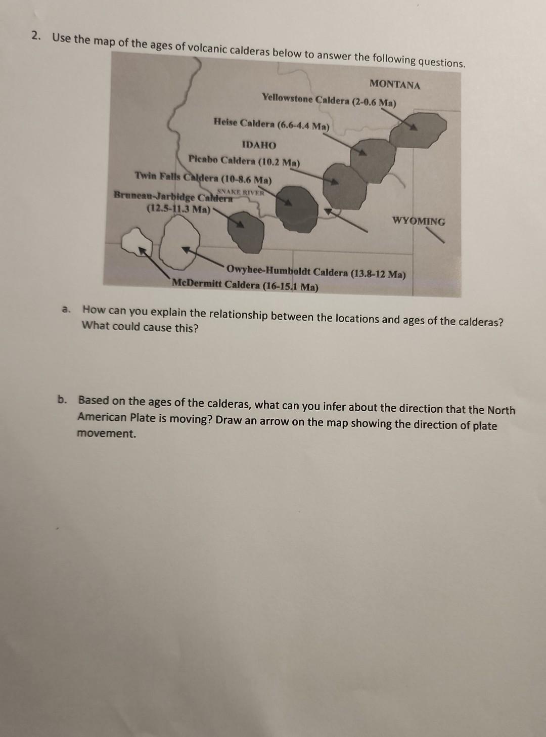 Solved 2. Use the map of the ages of volcanic calderas below | Chegg.com