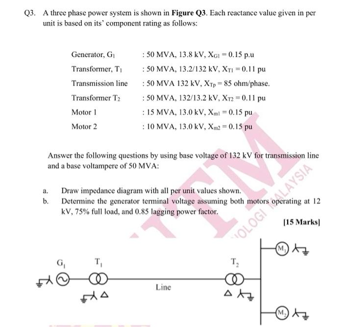 Q3. A three phase power system is shown in Figure Q3. | Chegg.com
