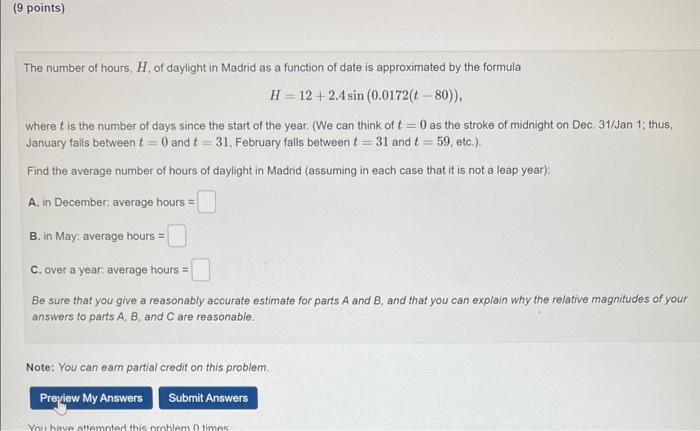 Solved The number of hours, H, of daylight in Madrid as a | Chegg.com