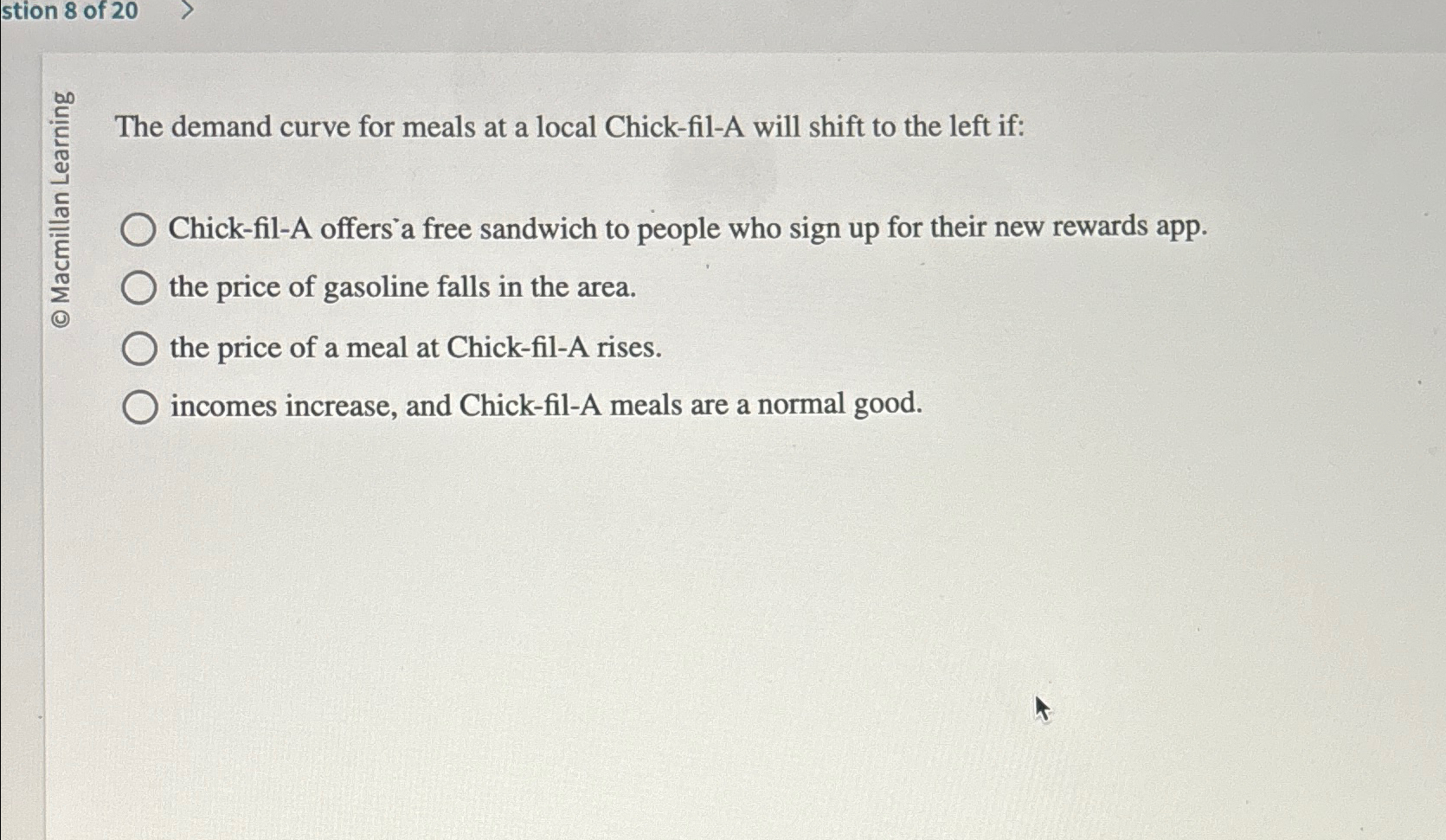 Solved stion 8 ﻿of 20The demand curve for meals at a local | Chegg.com
