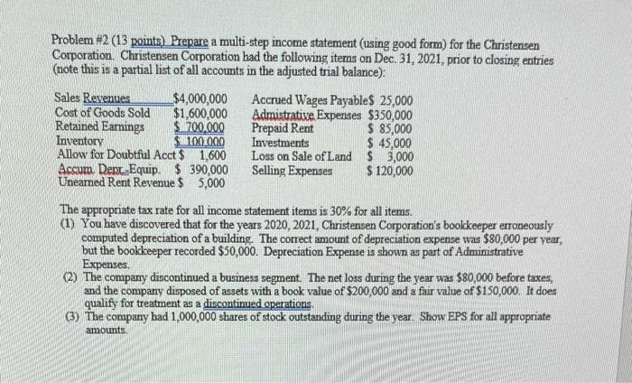 Solved Problem #2 ( 13 points) Prepare a multi-step income | Chegg.com