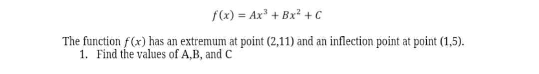Solved f(x) = Ax3 + Bx2 + C The function f(x) has an | Chegg.com