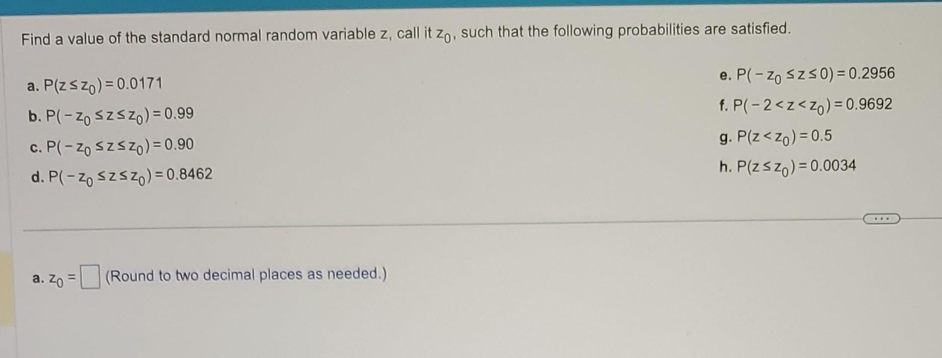 Solved Find a value of the standard normal random variable | Chegg.com