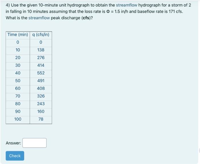 Solved 4) Use the given 10 -minute unit hydrograph to obtain | Chegg.com