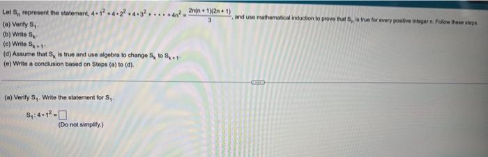 Solved let Sn represent the statement, 4.1² +4.2² | Chegg.com