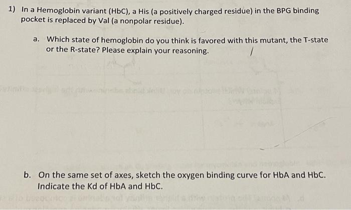 Solved 1 In A Hemoglobin Variant Hbc A His A