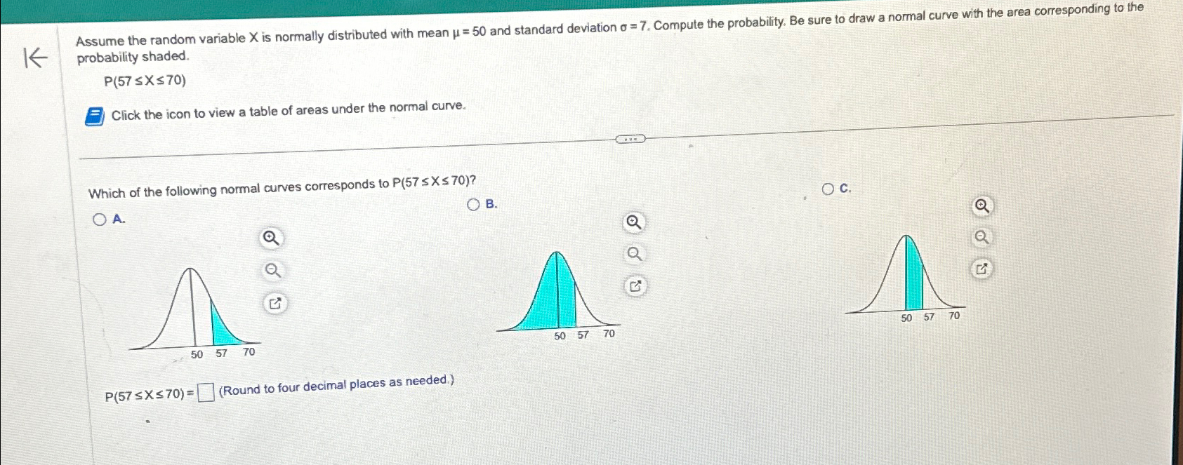 Solved probability shaded.P(57≤x≤70)Click the icon to view a | Chegg.com