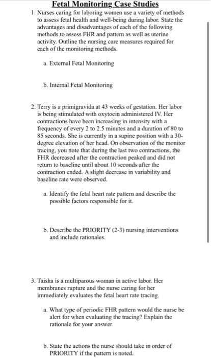 Solved Fetal Monitoring Case Studies 1. Nurses caring for | Chegg.com