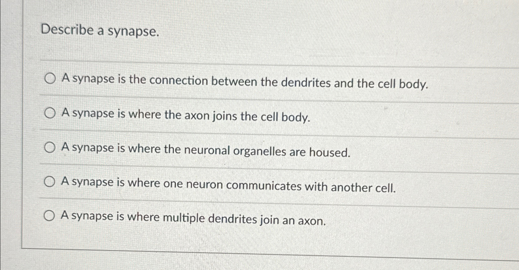 Solved Describe a synapse.A synapse is the connection | Chegg.com