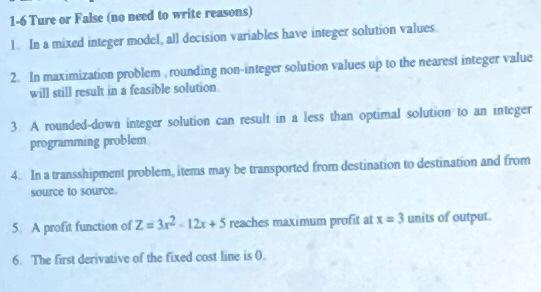 Solved 1.6 Ture or False (no need to write reasons) 1. In a | Chegg.com