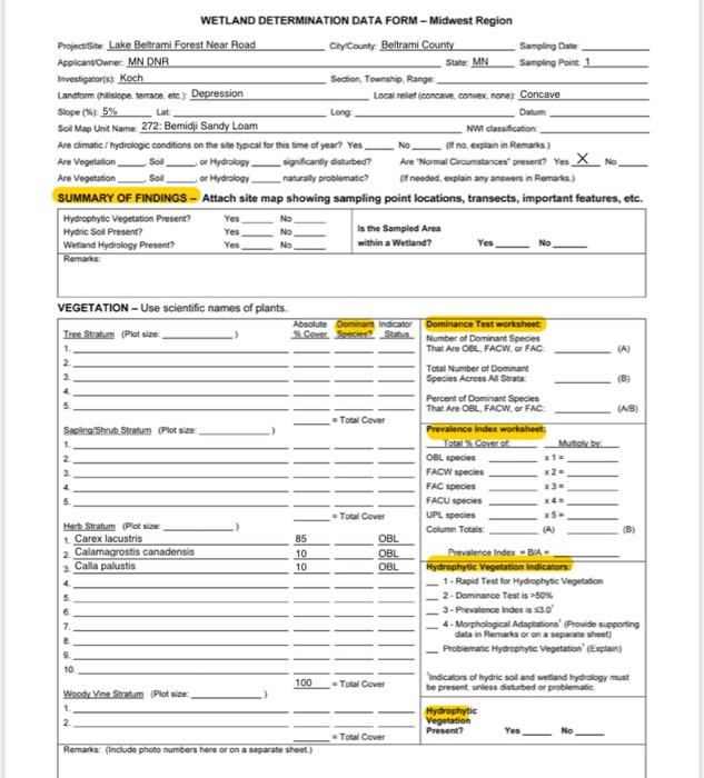 WETLAND DETERMINATION DATA FORM - Midwest Region | Chegg.com