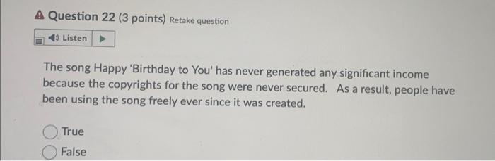 Solved A Question 15 (3 points) Retake question Listen | Chegg.com