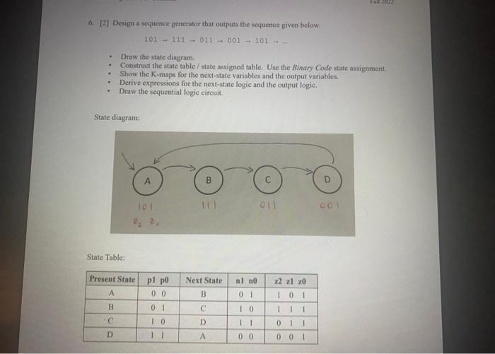 Solved 6. [2] Design a sequence generator that outputs the | Chegg.com