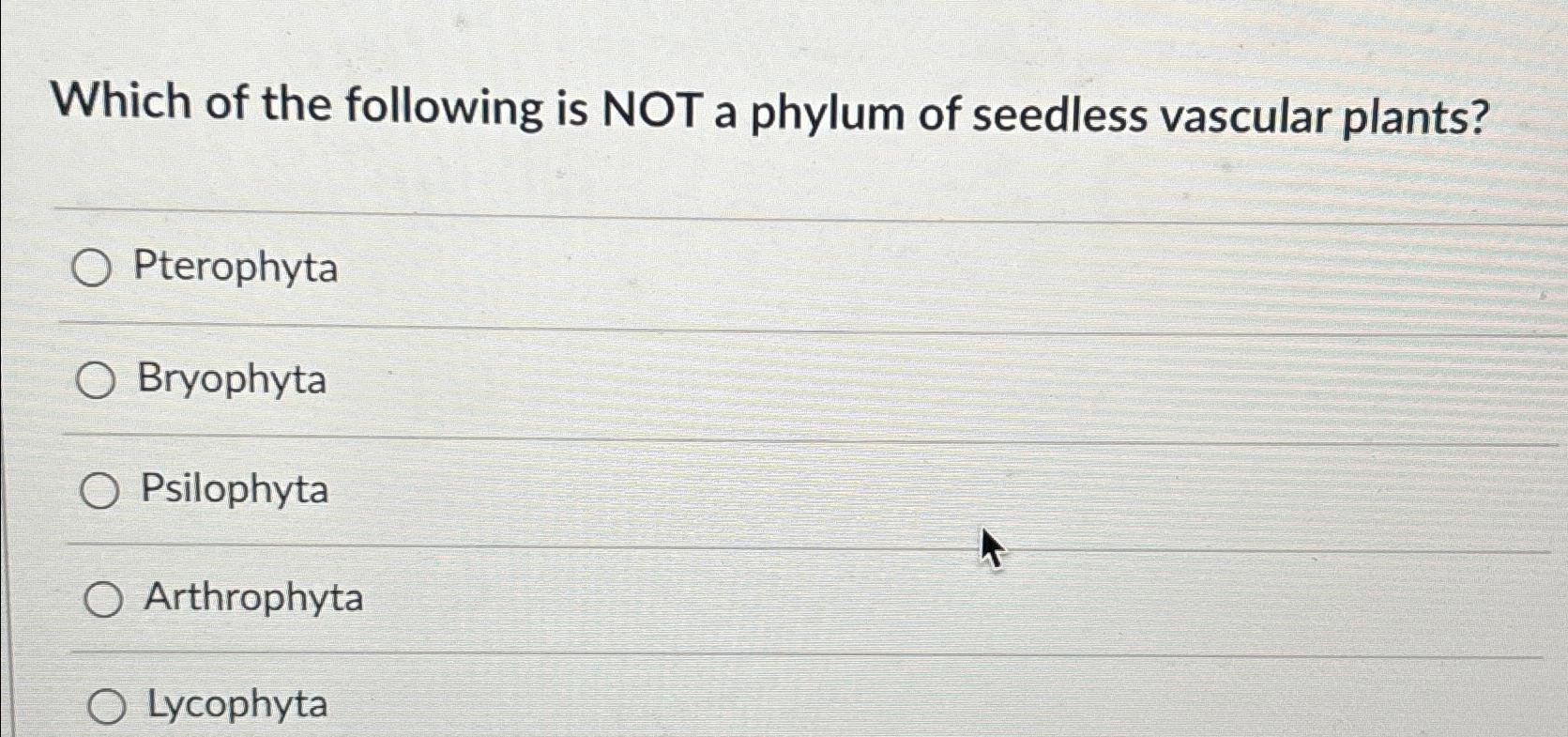 Solved Which of the following is NOT a phylum of seedless | Chegg.com