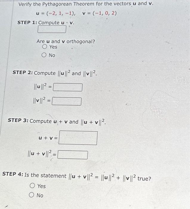 Solved Verify the Pythagorean Theorem for the vectors u and | Chegg.com