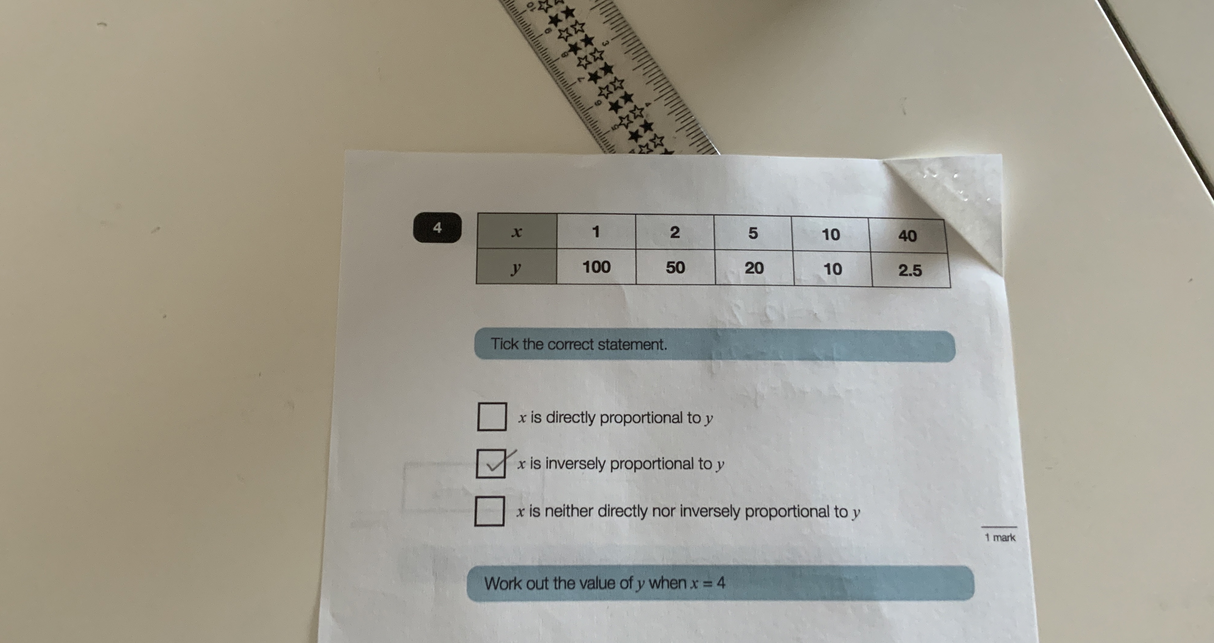 Solved 4\table[[x,1,2,5,10,40],[y,100,50,20,10,2.5]]Tick the | Chegg.com