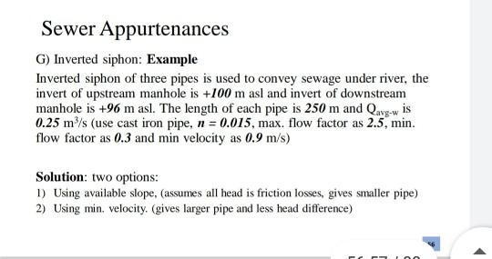 Solved Sewer Appurtenances G) Inverted siphon: Example | Chegg.com