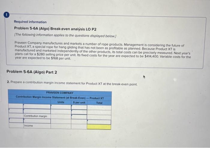 Solved Required information Problem 5-6A (Algo) Break-even | Chegg.com