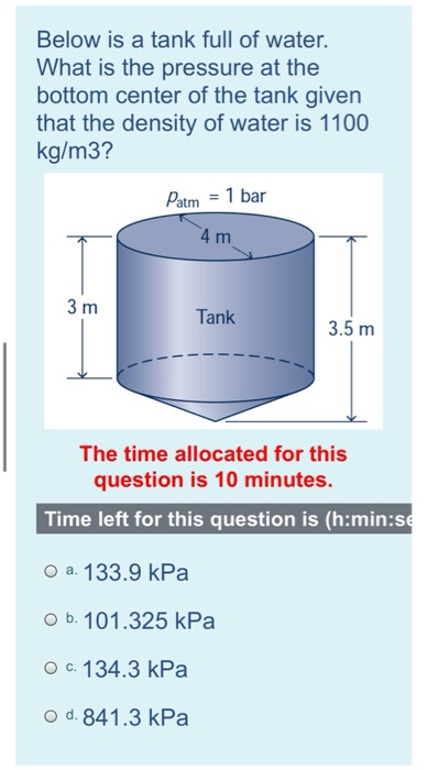 Solved Below is a tank full of water. What is the pressure | Chegg.com